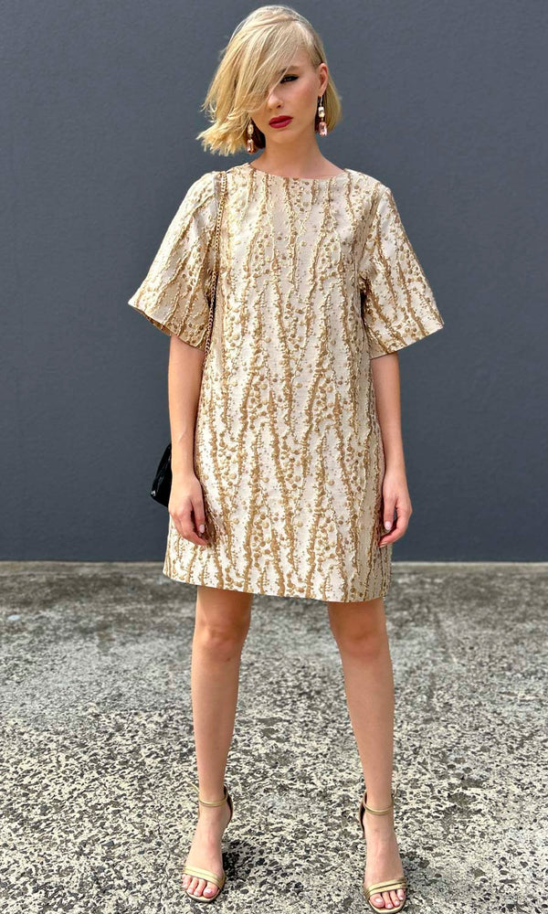 hoss Phillipa Dress - Gold Wheat Silk brocade